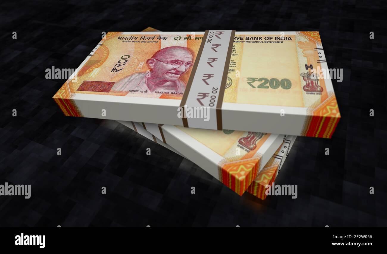 Indian rupee money pack 3d illustration. 200 INR banknote bundle stacks ...