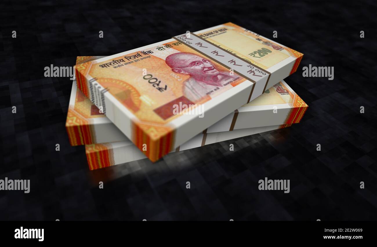 Indian rupee money pack 3d illustration. 200 INR banknote bundle stacks ...