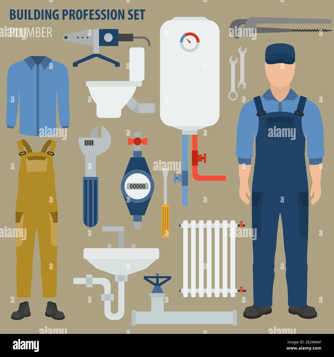 Profession and occupation set. Plumber tools and equipment. Uniform ...