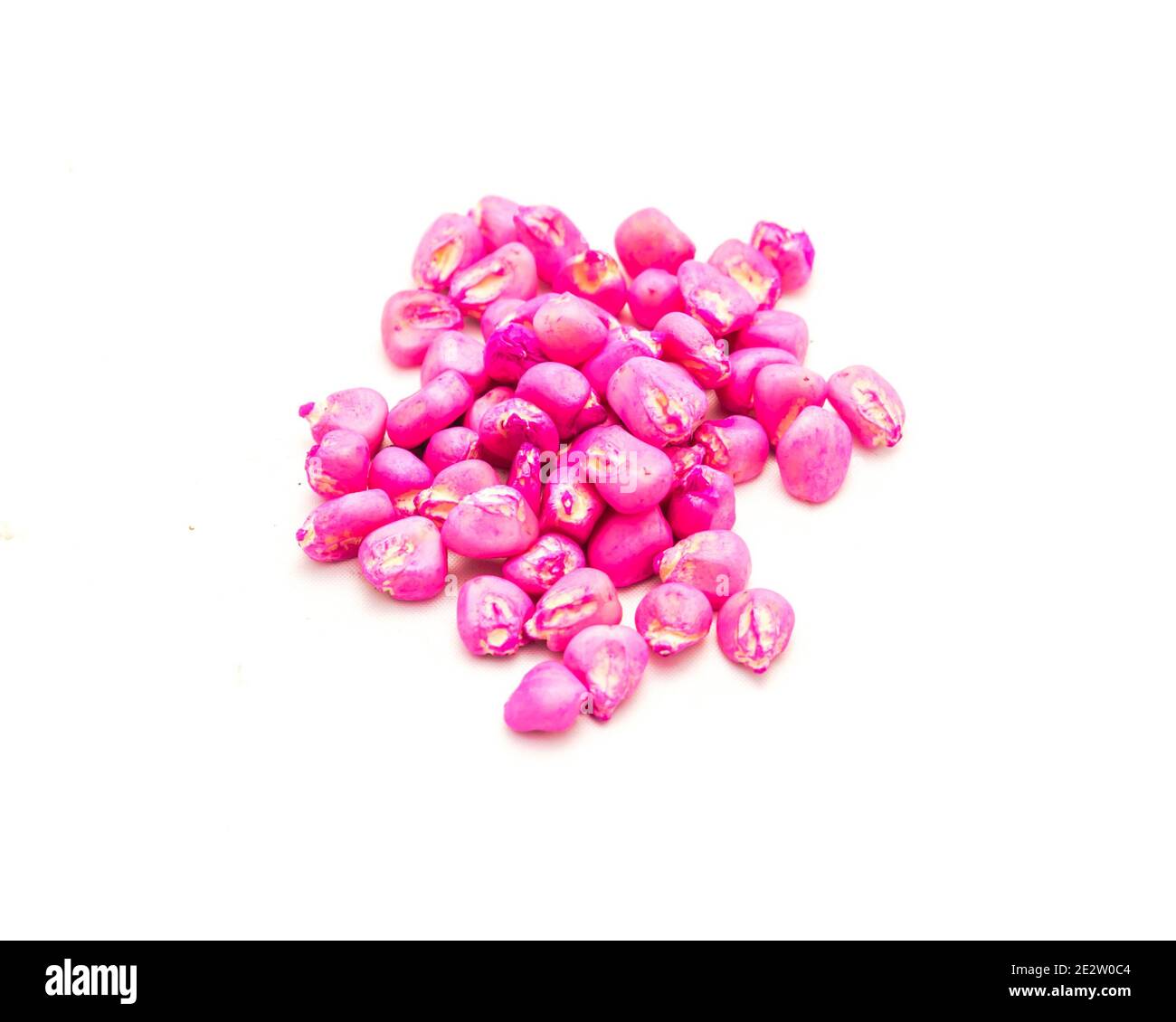 Pile of treated red corn seeds ready for planting in GMO concept ...