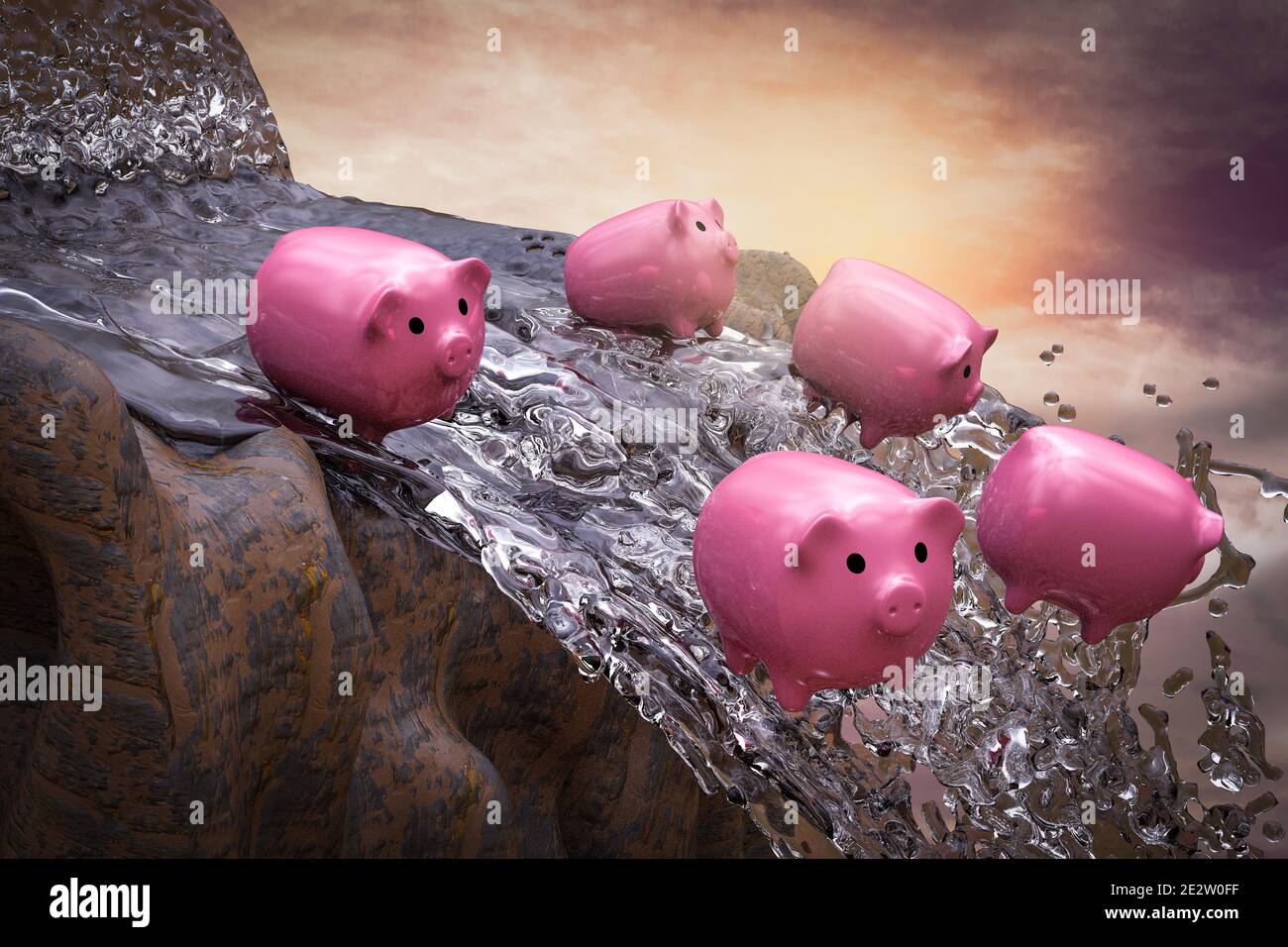 Ceramic pigs fall from a waterfall at sunset magenta day demonstrating ...