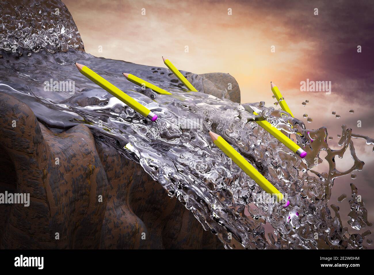 Yellow pencils fall from a waterfall at sunset magenta day ...