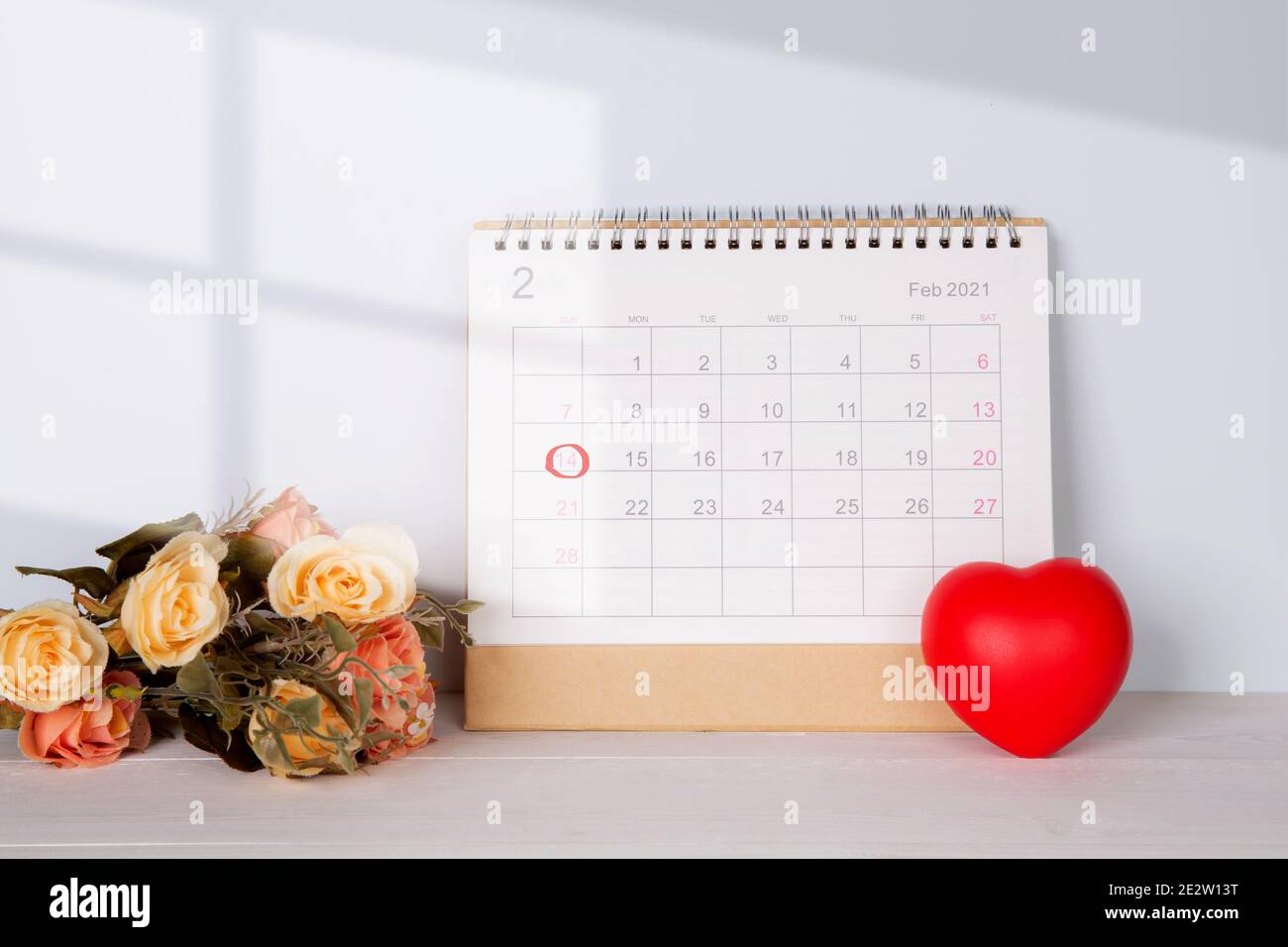 Calendar and flower and heart shape with memo 14 February Valentine day ...