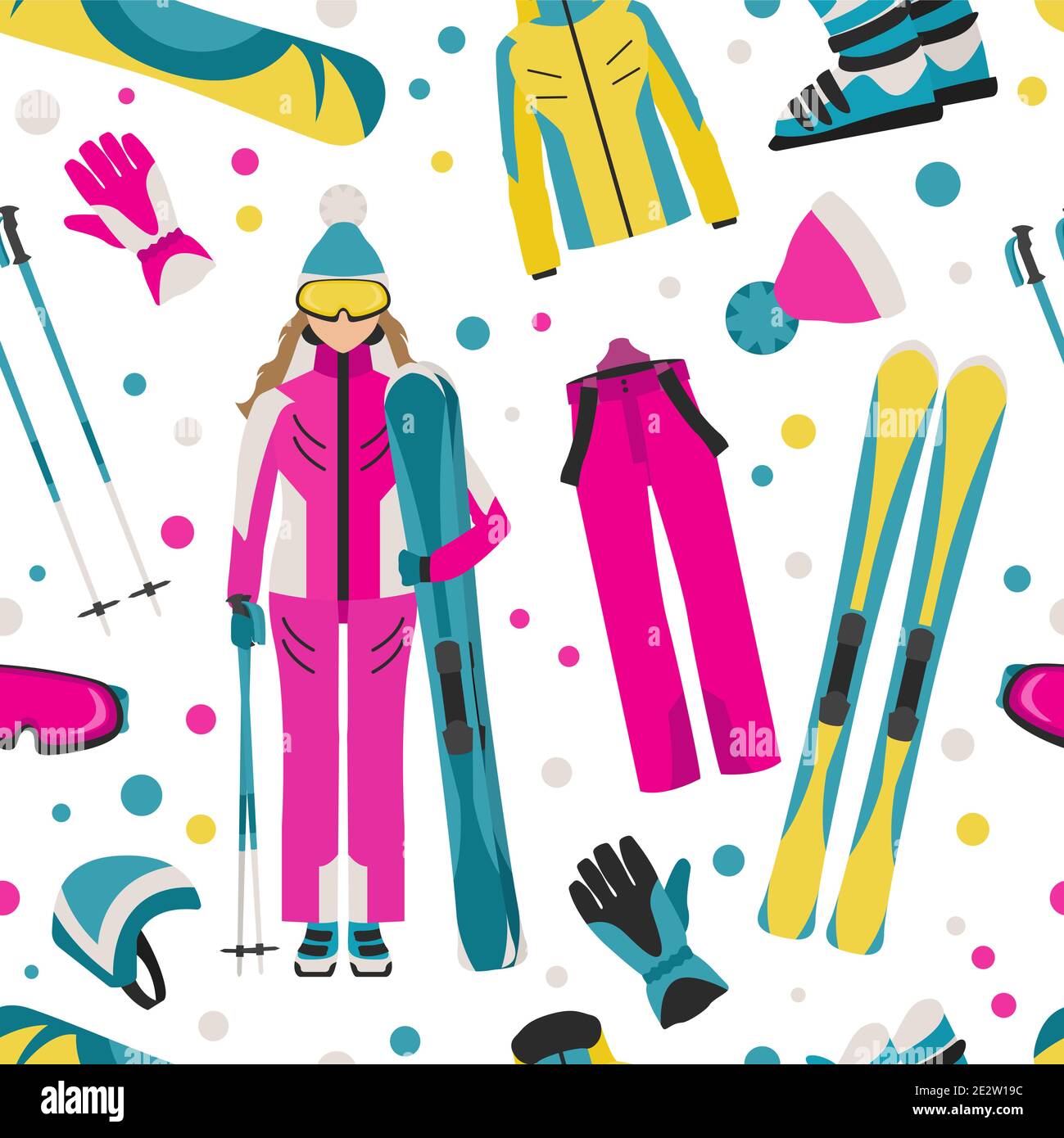 Sporting gear set. Ski equipment and skier woman seamless pattern ...
