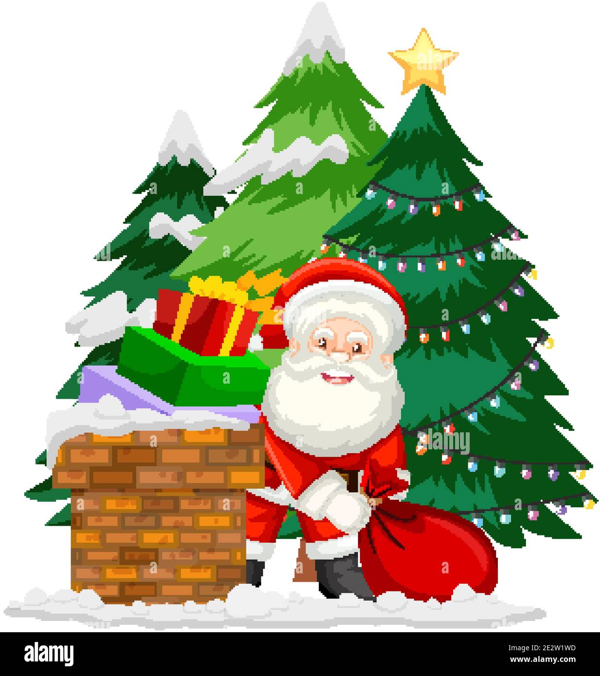 Santa in chimney with many gifts on white background illustration Stock ...