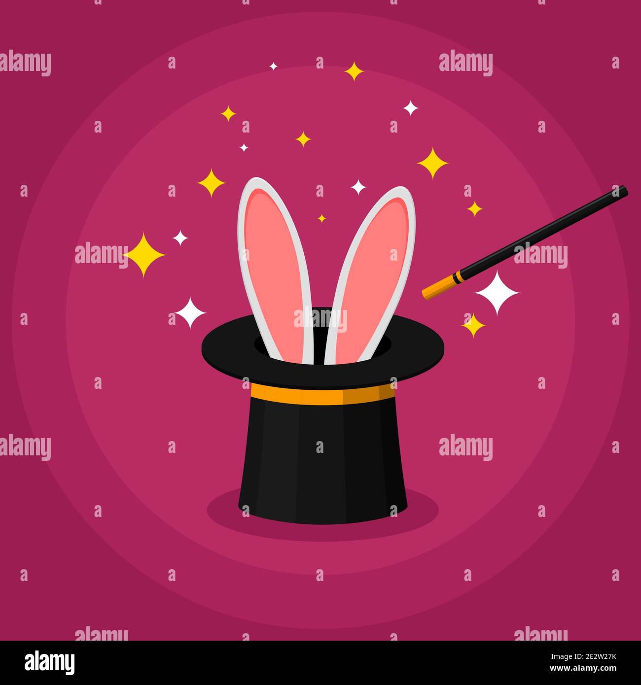 Magic top hat with rabbit ears and a wand, magician shows a trick ...