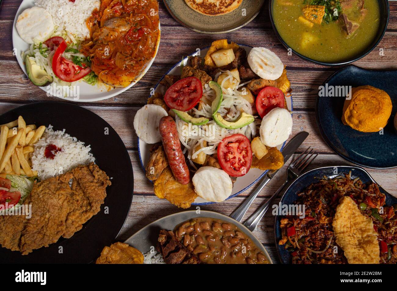Variety of typical dishes of Colombian gastronomy. Picada, tripe, San ...