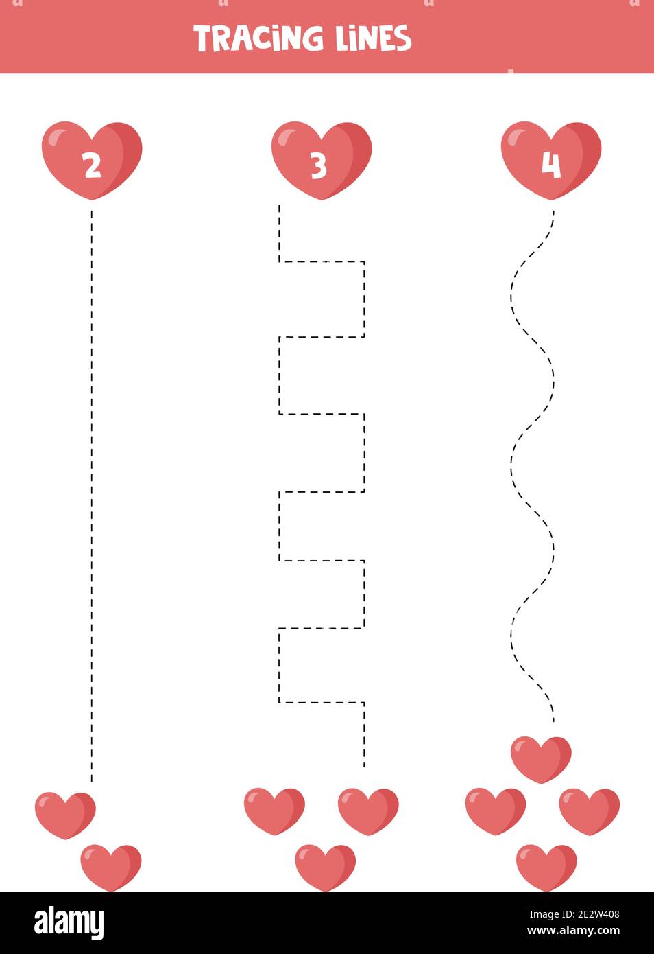 Tracing lines with cute cartoon valentine hearts. Trace and count Stock ...