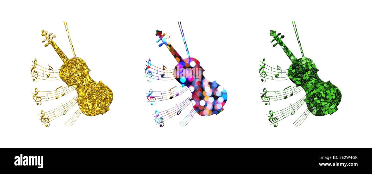 3d rendering of three colorful glitter violins isolated on white ...