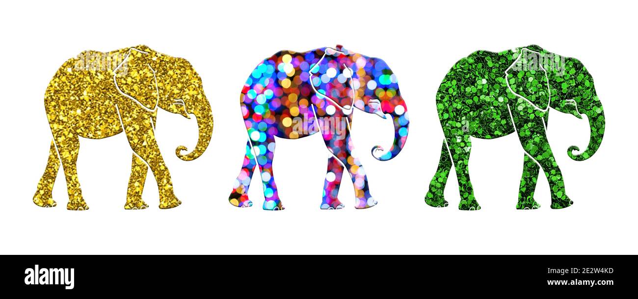 3d rendering of three colorful glitter elephant isolated on white ...