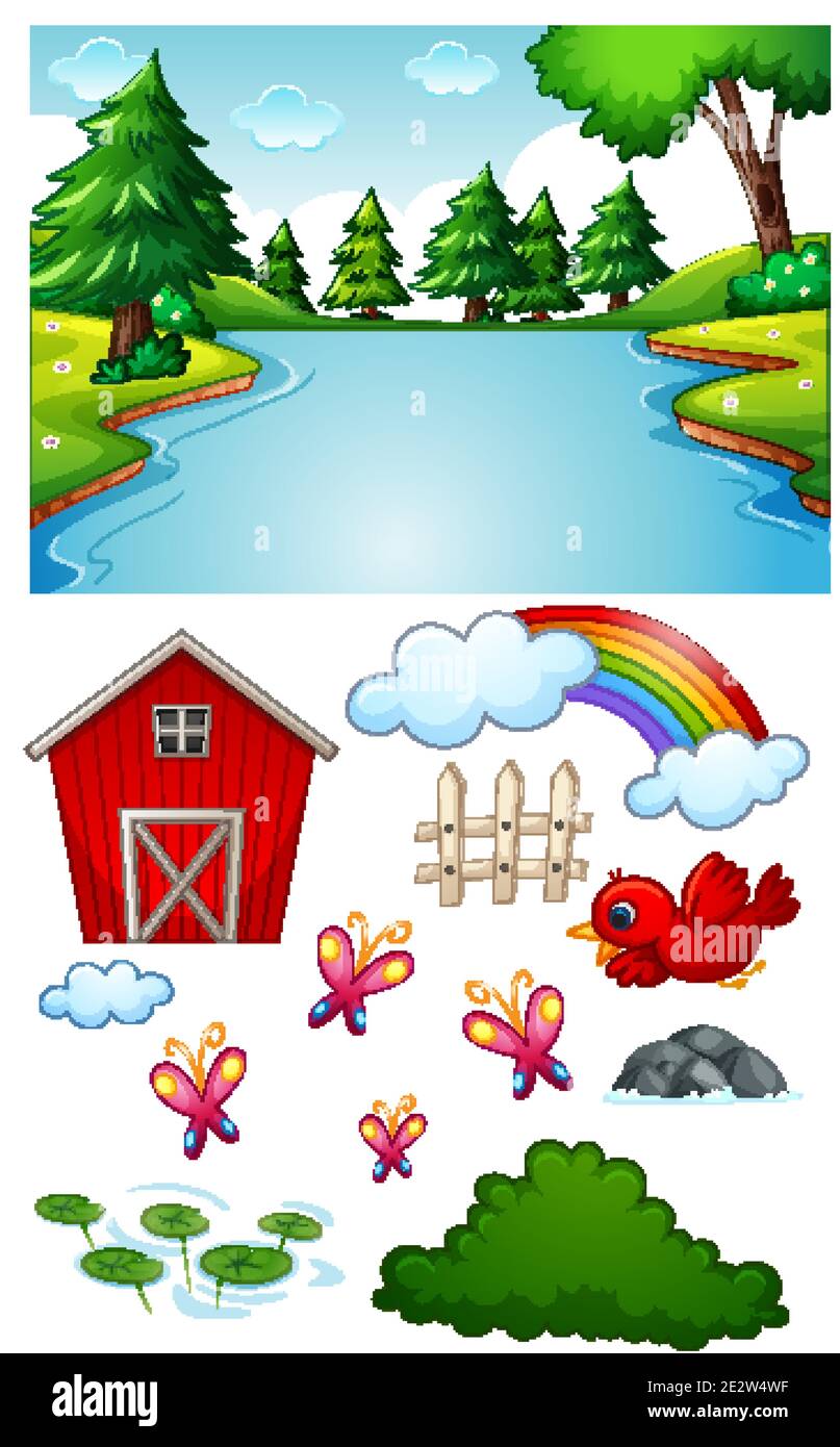 Blank river scene with isolated cartoon character and objects ...