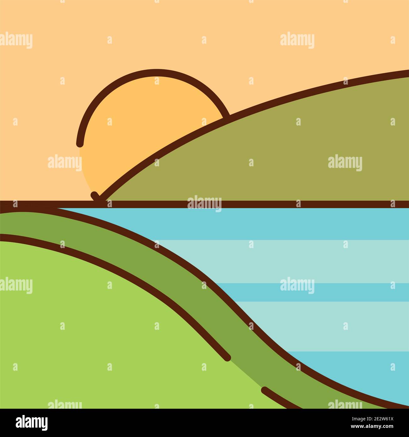 landscape valley river sky sun nature cartoon, vector illustration ...
