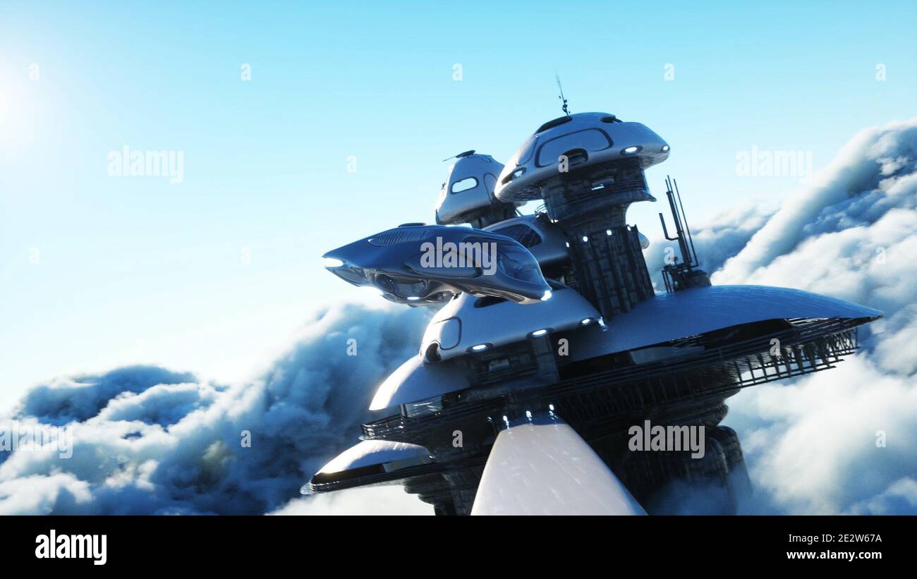 futuristic ship lands on futuristic base in the clouds. 3d rendering ...