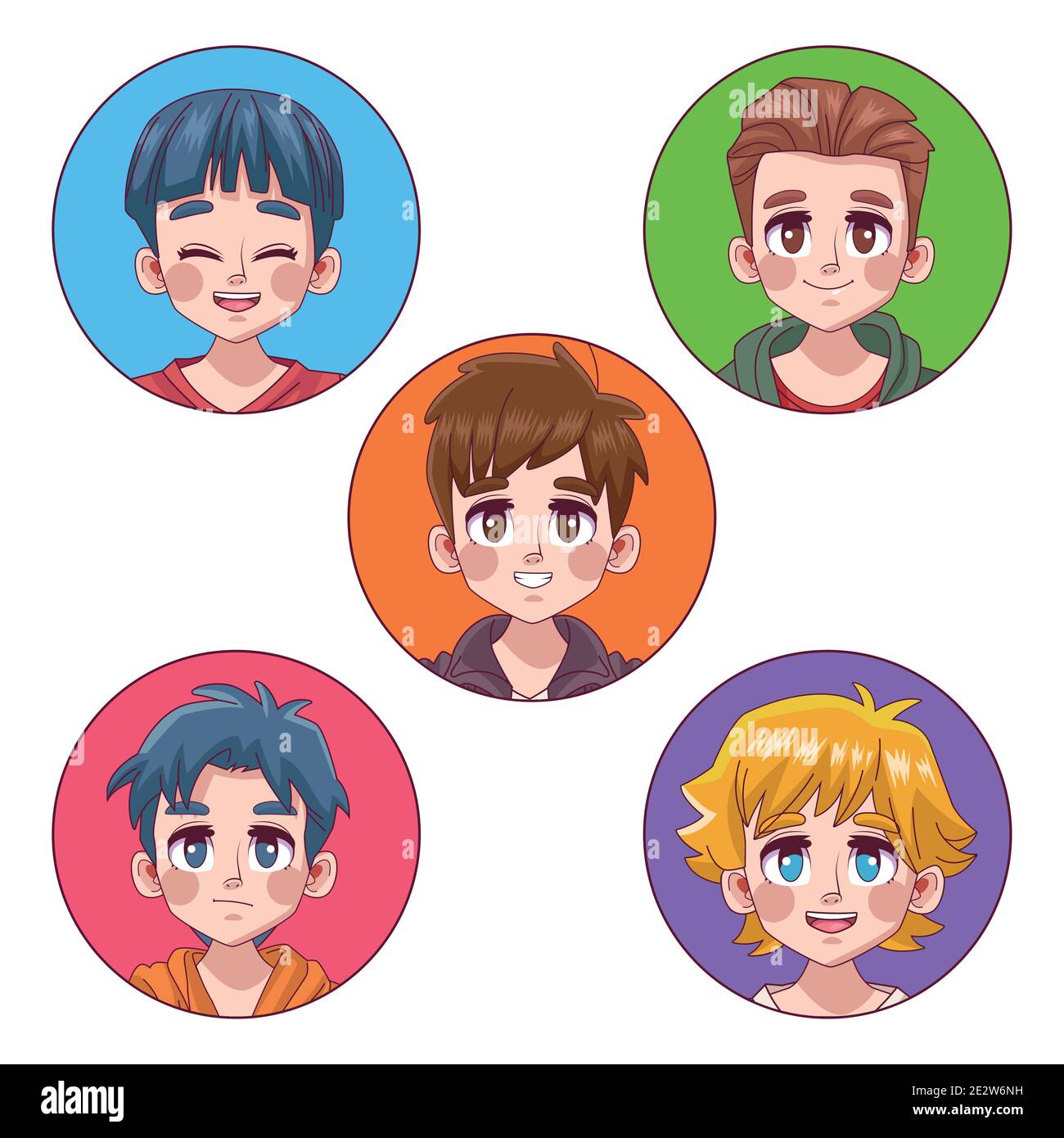 group of five cute youngs boys teenagers manga anime characters vector ...