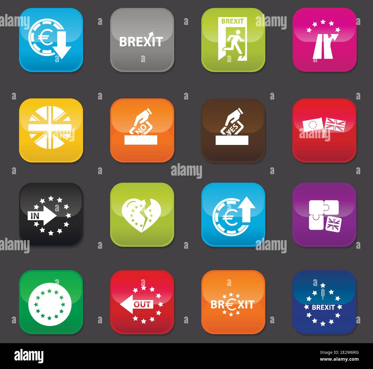 vector symbol of brexit, icon set for web. Colored buttons on a dark ...