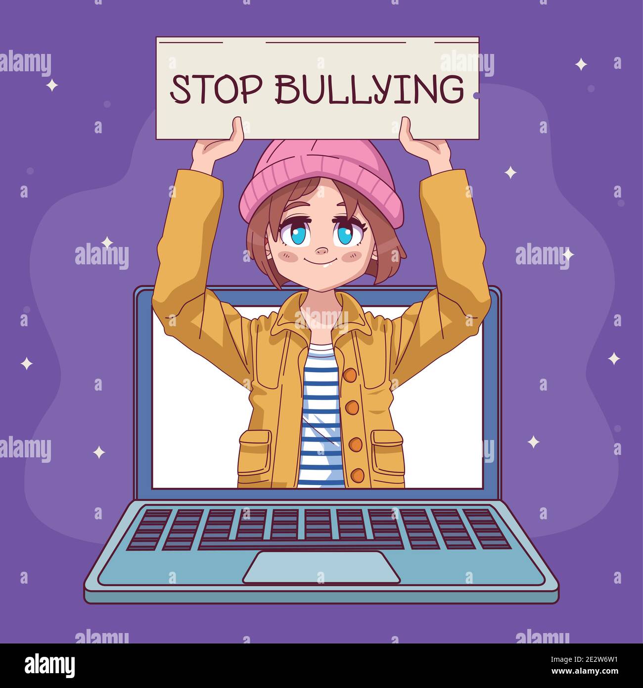 cute little girl with stop bullying banner in laptop comic manga ...