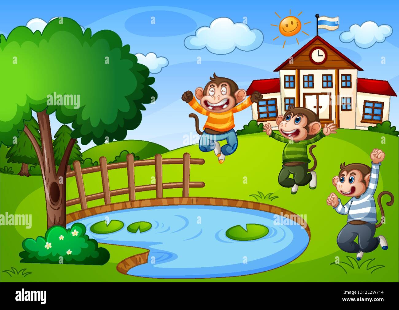 Three little monkeys in nature scene with school building illustration ...