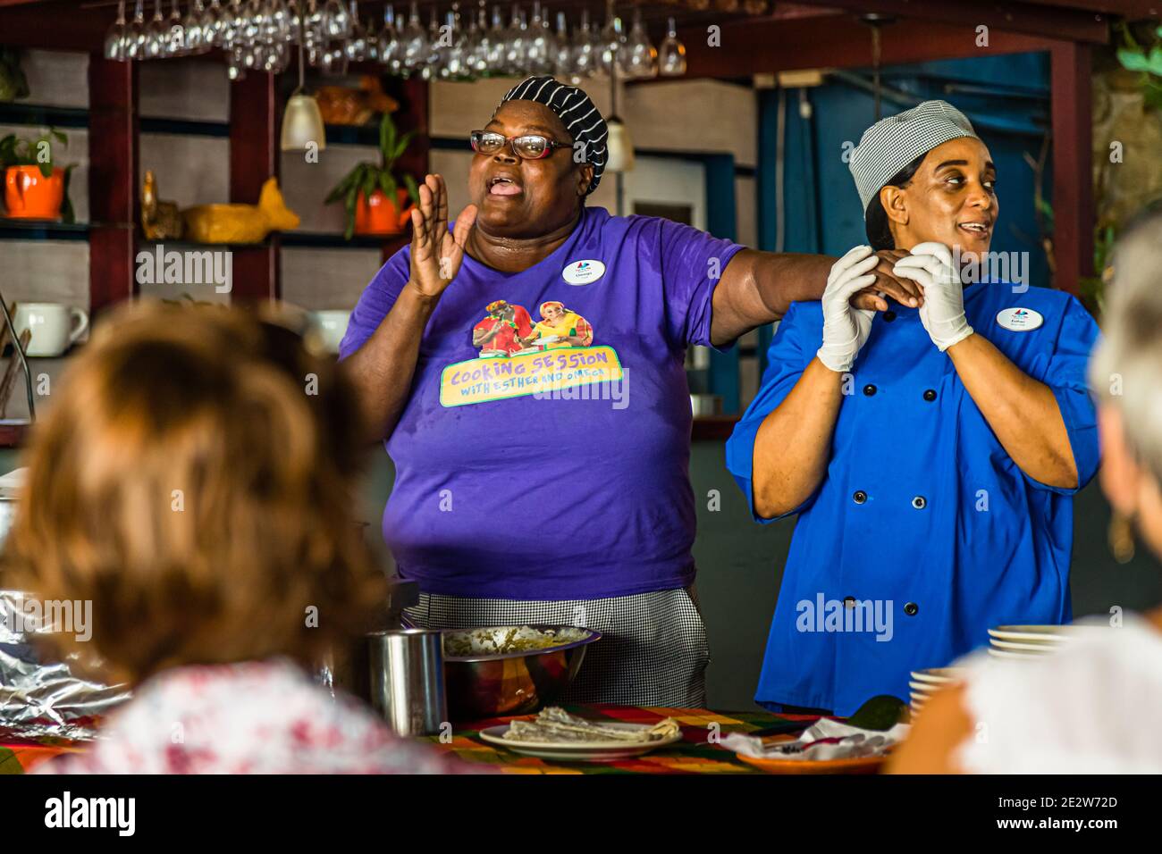 Cooking Session with Esther and Omega at the True Blue, Grenada Stock ...