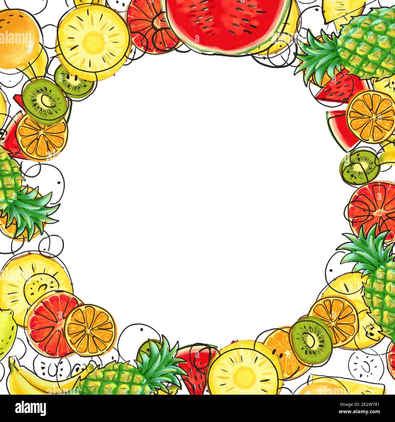 Hand drawn Exotic Fruit frame isolated on white background Stock Photo ...