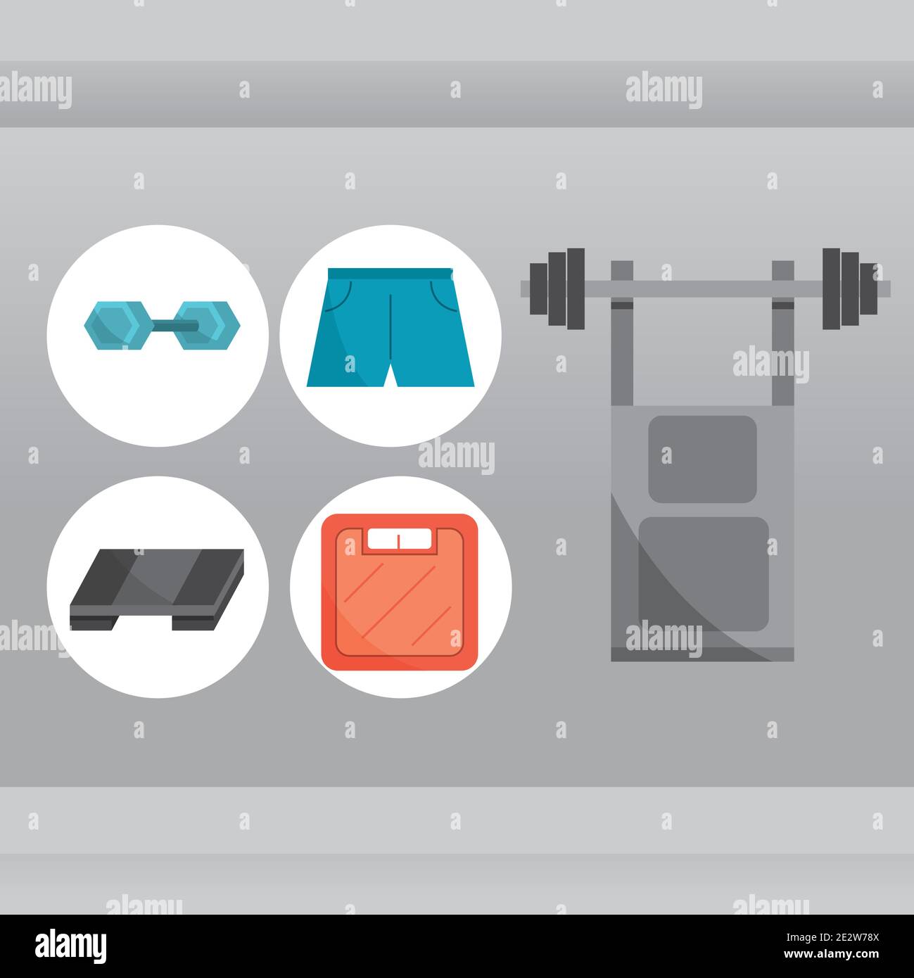 gym equipment icons set bench press with weight barbell sportswear ...