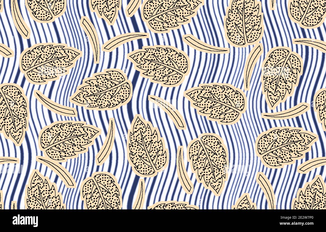 textile print illustration leaf pattern with waves lining ground Stock ...