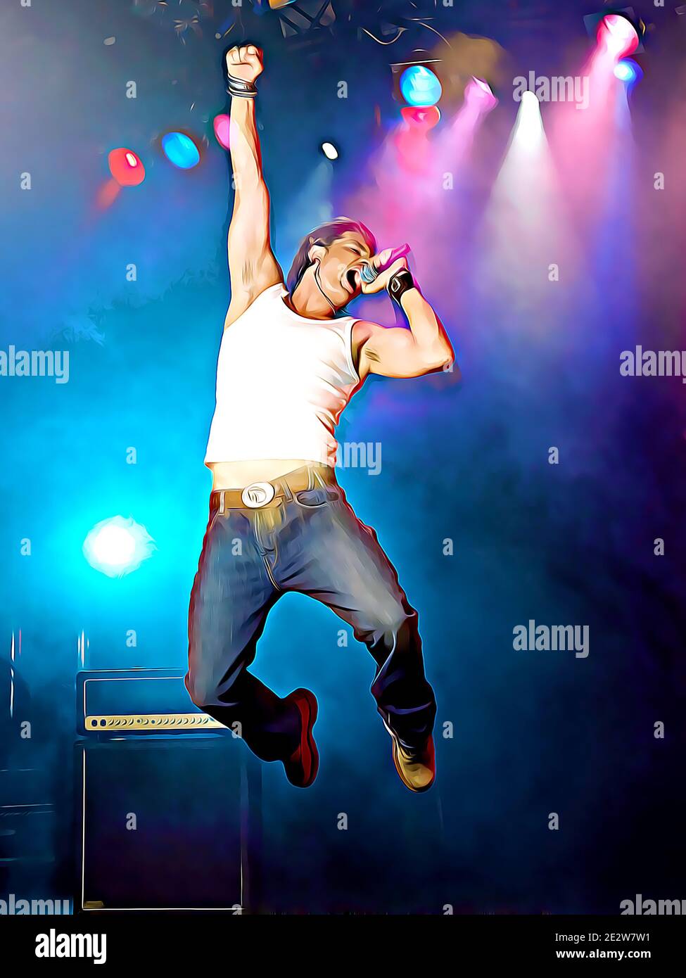 Cartoonize Young man singing and jumping on stage at concert Stock ...