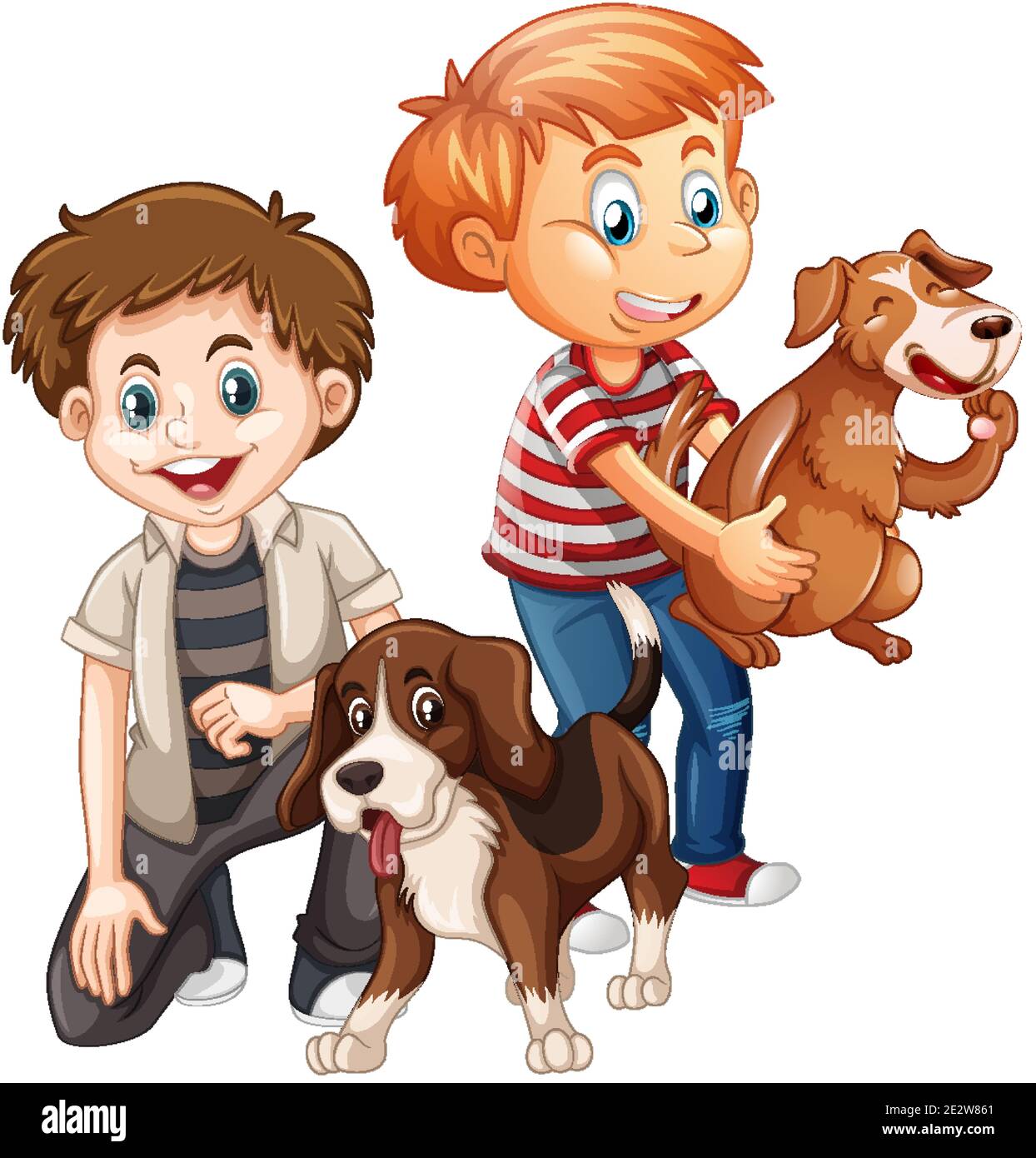 Two boy playing with their dogs isolated on white background ...