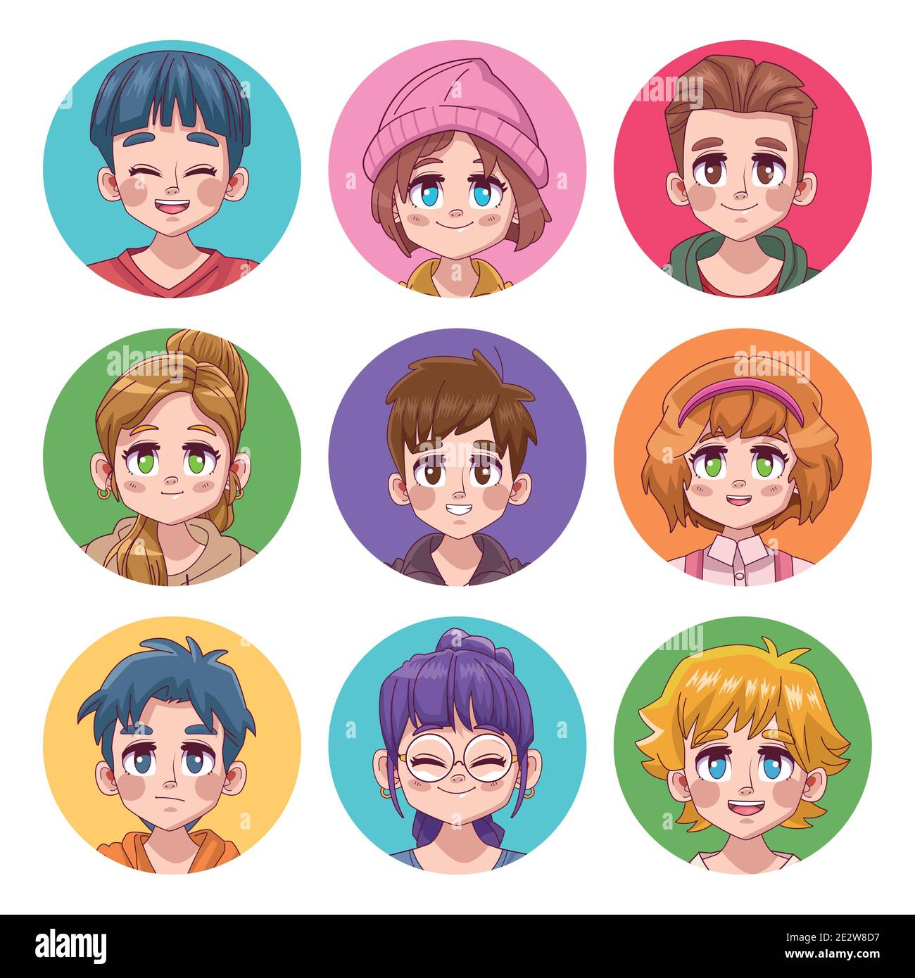 group of nine cute teenagers manga anime characters vector illustration ...