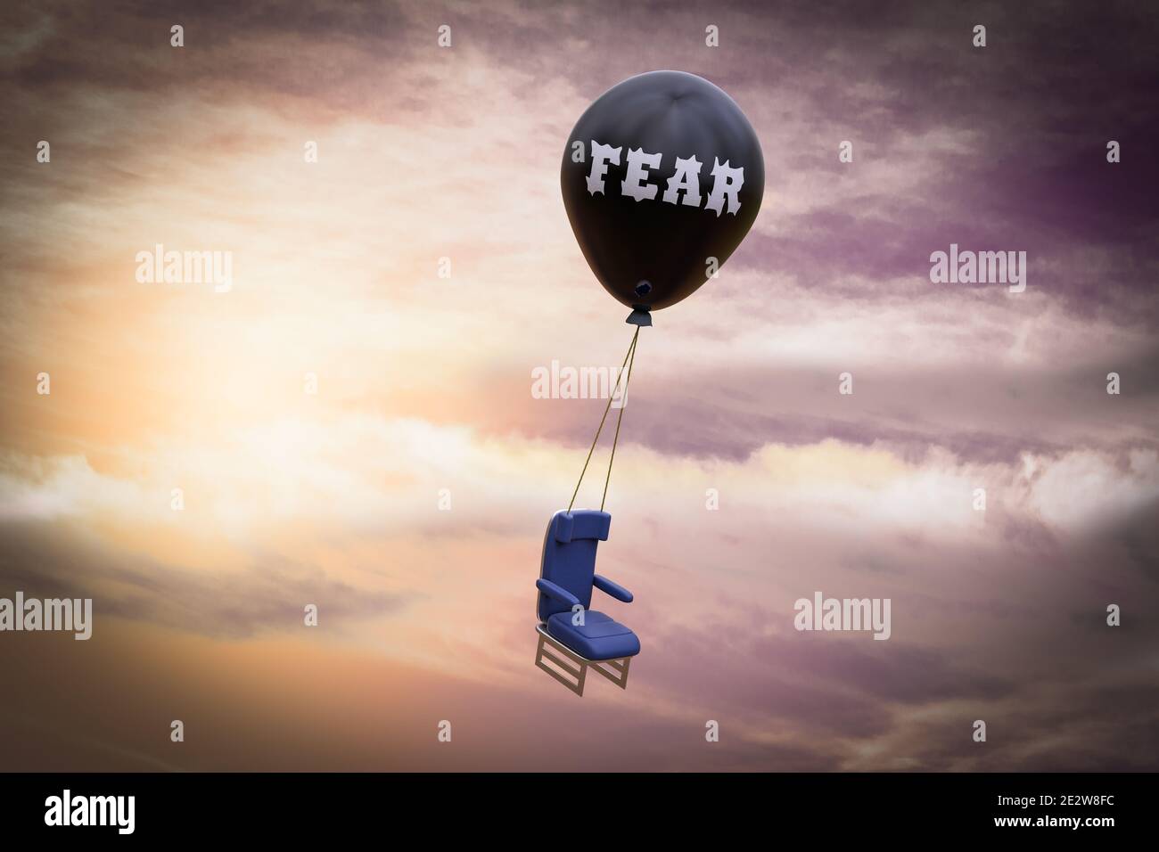 A black balloon that says FEAR carries an airplane chair demonstrating ...