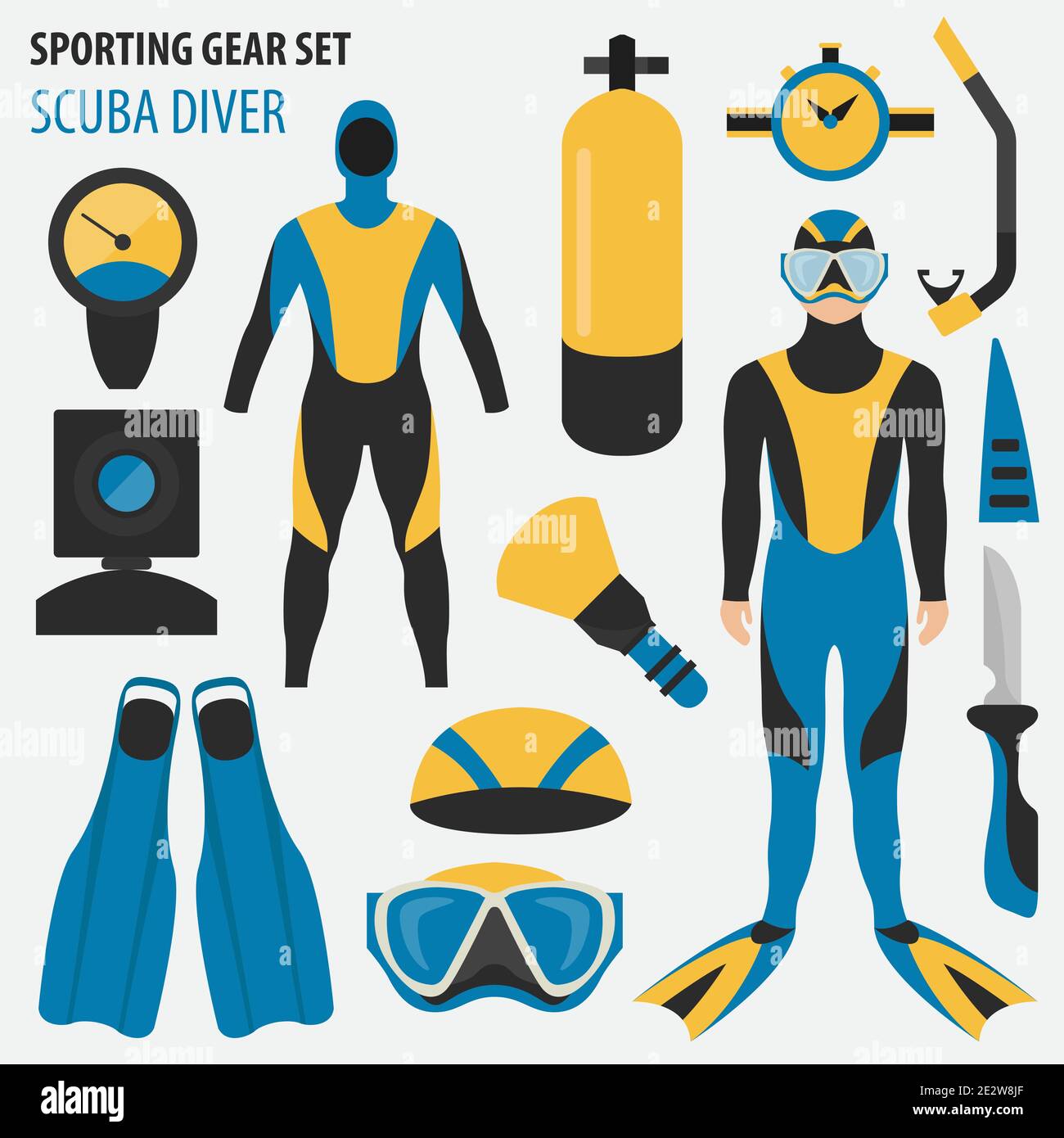 Sporting gear set. Diving equipment and scuba diver male flat design ...