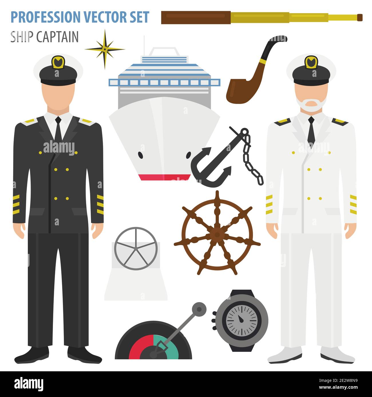 Profession and occupation set. Ship captain suit and equipment. Uniform ...