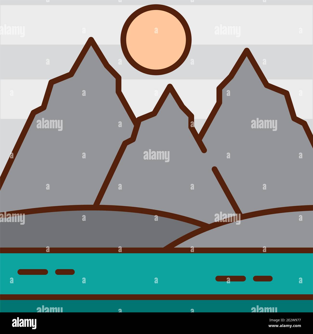 landscape mountains peak field river sky nature cartoon, vector ...