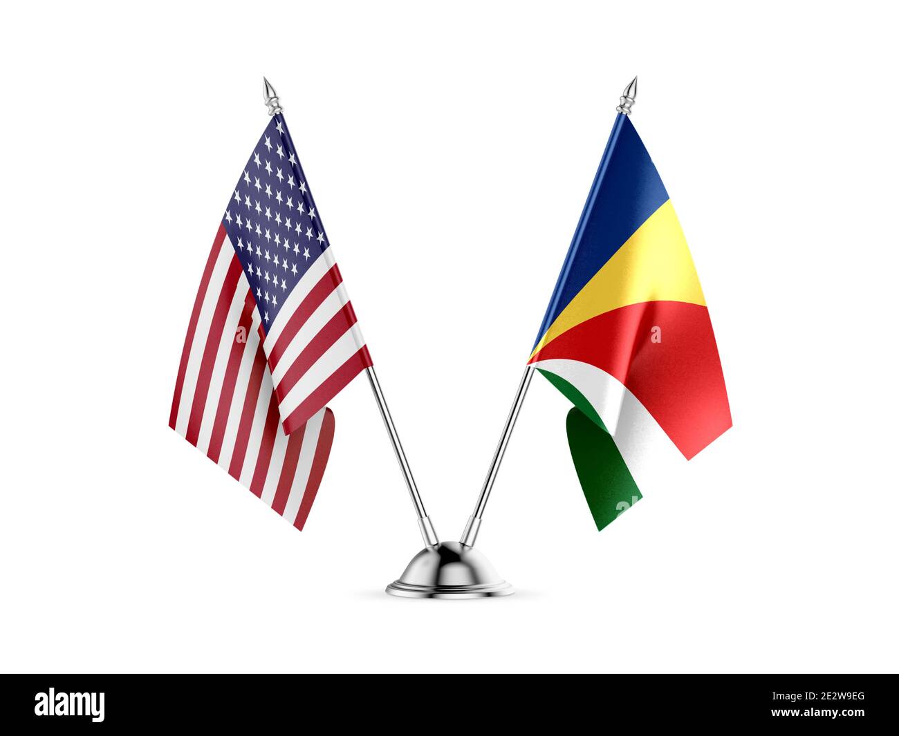 Desk flags, United States America and Seychelles, isolated on white ...