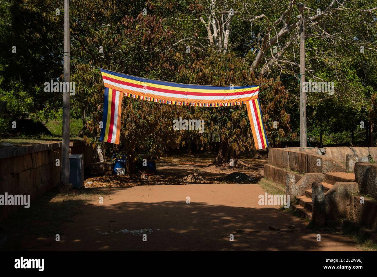 Budhhist flags at the entrace of Buddhist monastery of Mihintale ...