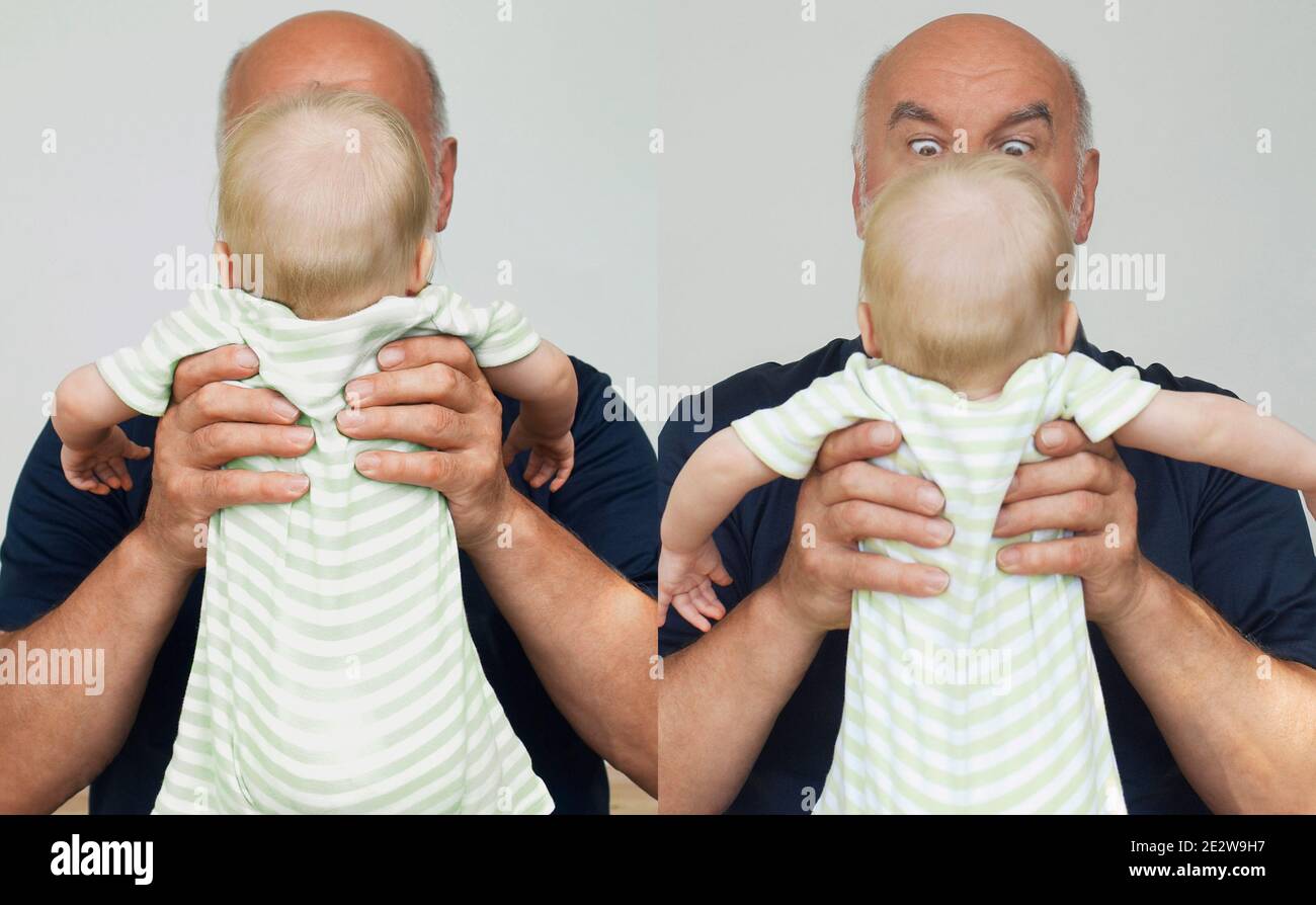 Father making silly faces while holding his daughter Stock Photo - Alamy