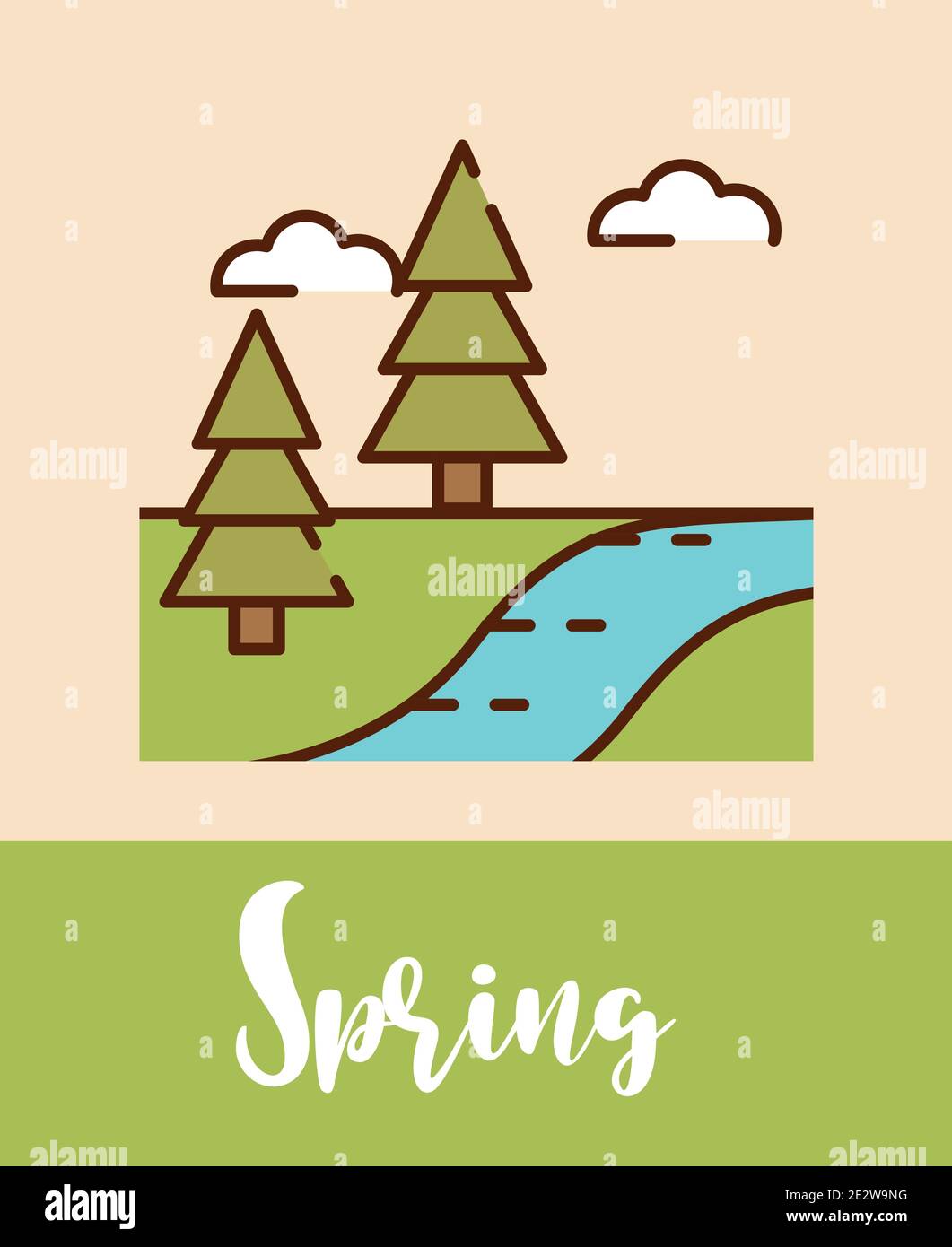 landscape spring trees forest river cartoon, filled line flat vector ...