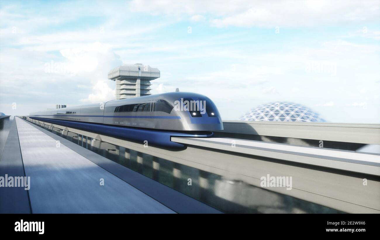 futuristic train station with monorail and train. traffic of people ...