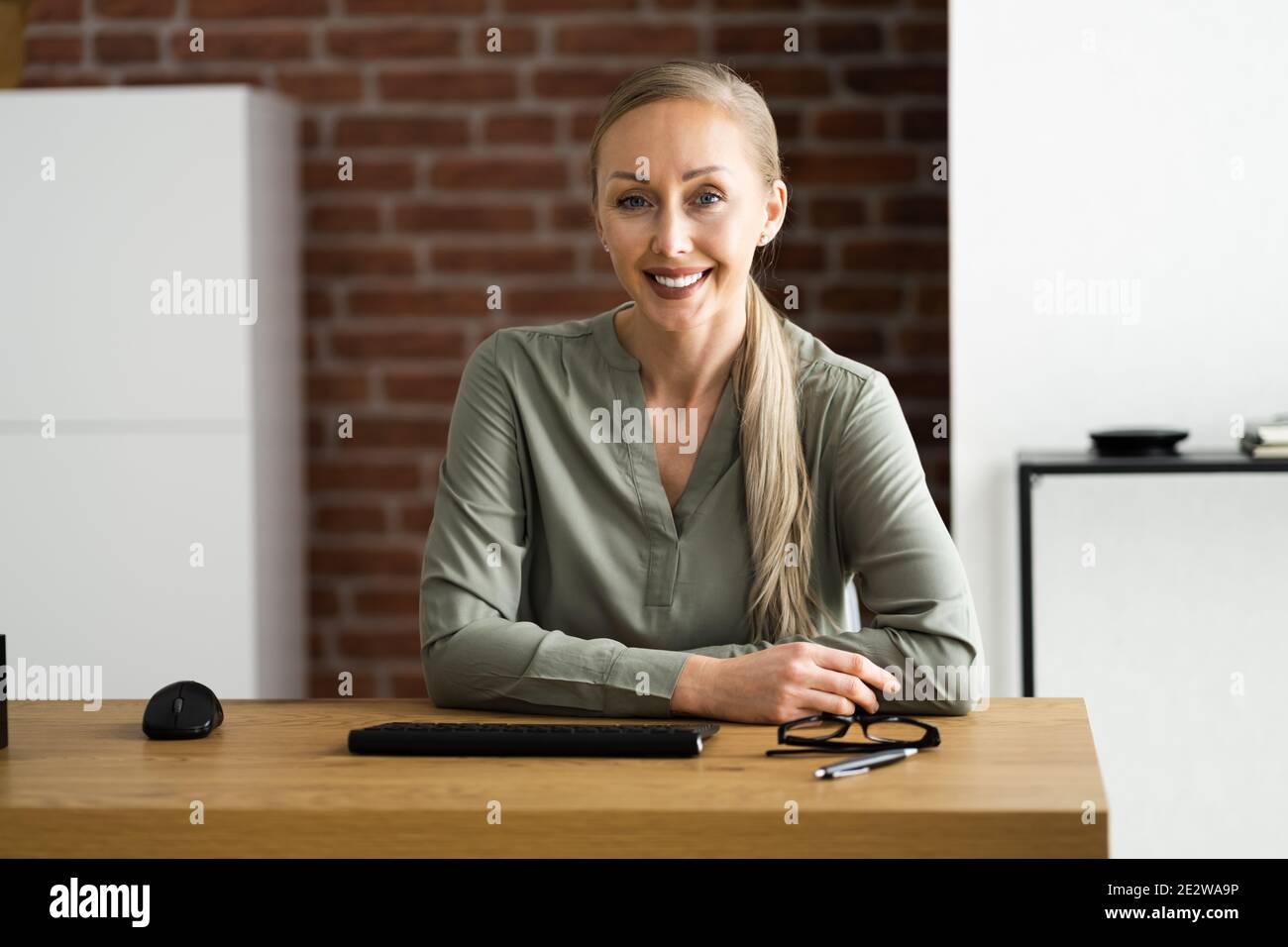 Happy Professional Woman Employee Using Computer For Work Stock Photo ...