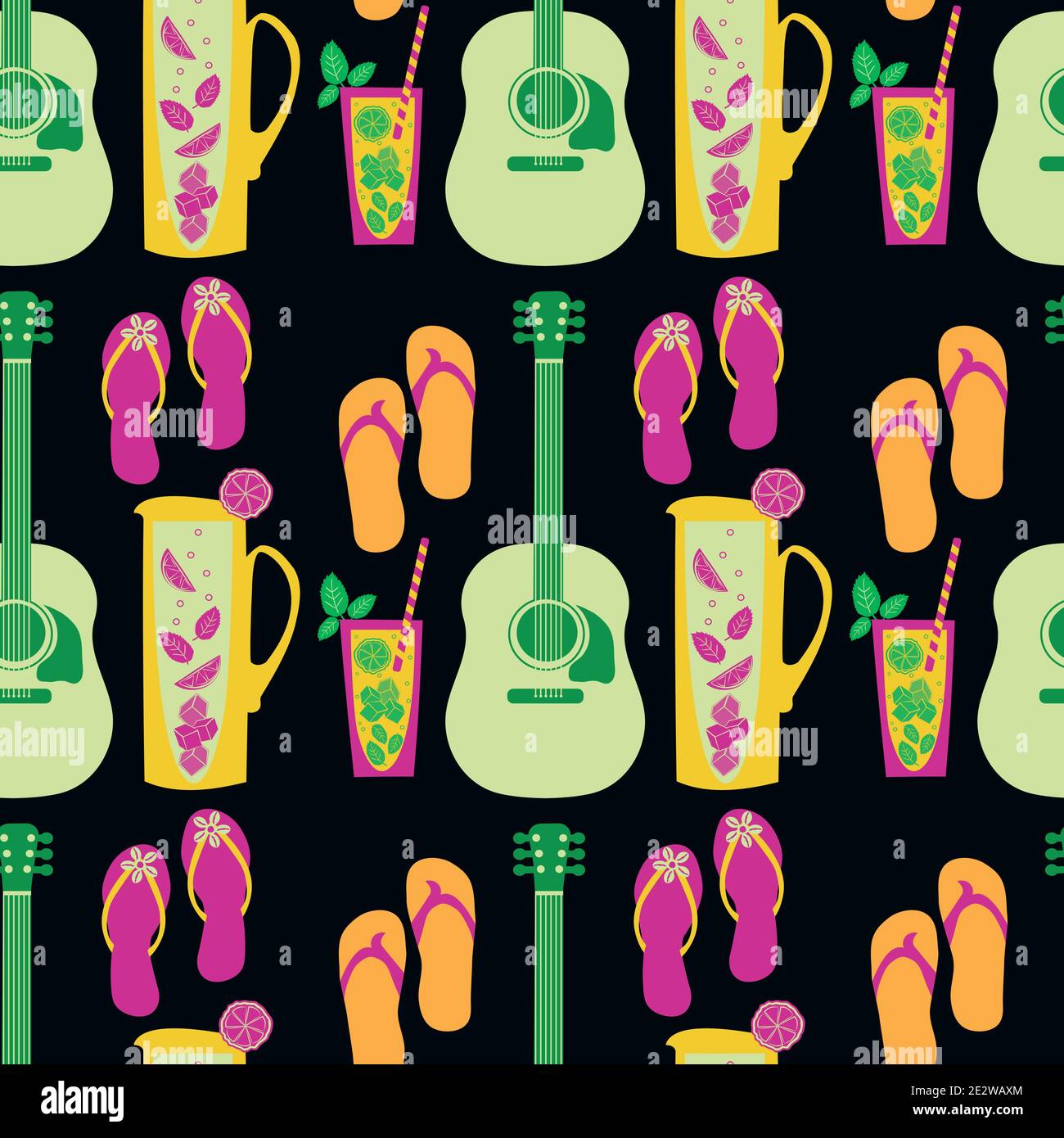 Cocktail pitcher, glass, flip flop, guitar vector seamless pattern ...