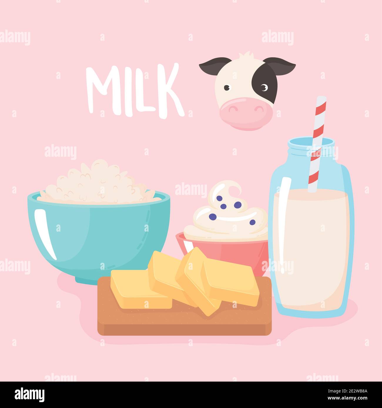 milk dairy product cartoon icons set, cow butter beverage vector ...