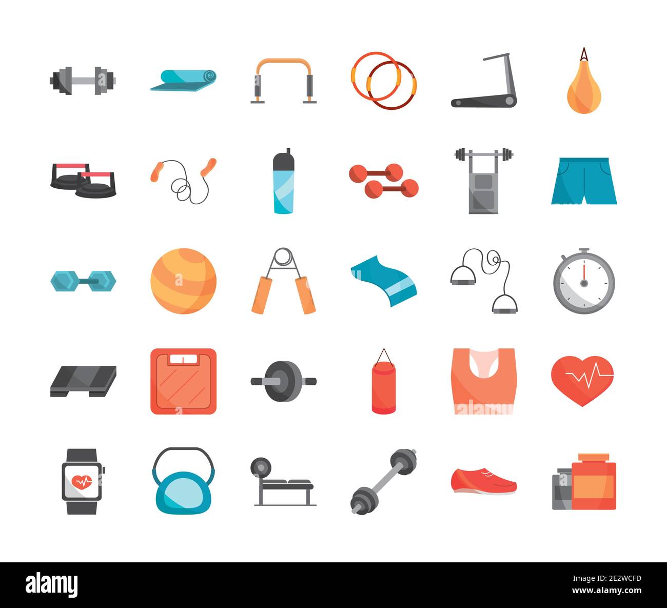 gym sport fitness exercise workout equipment set icons, flat style vector illustration Stock ...