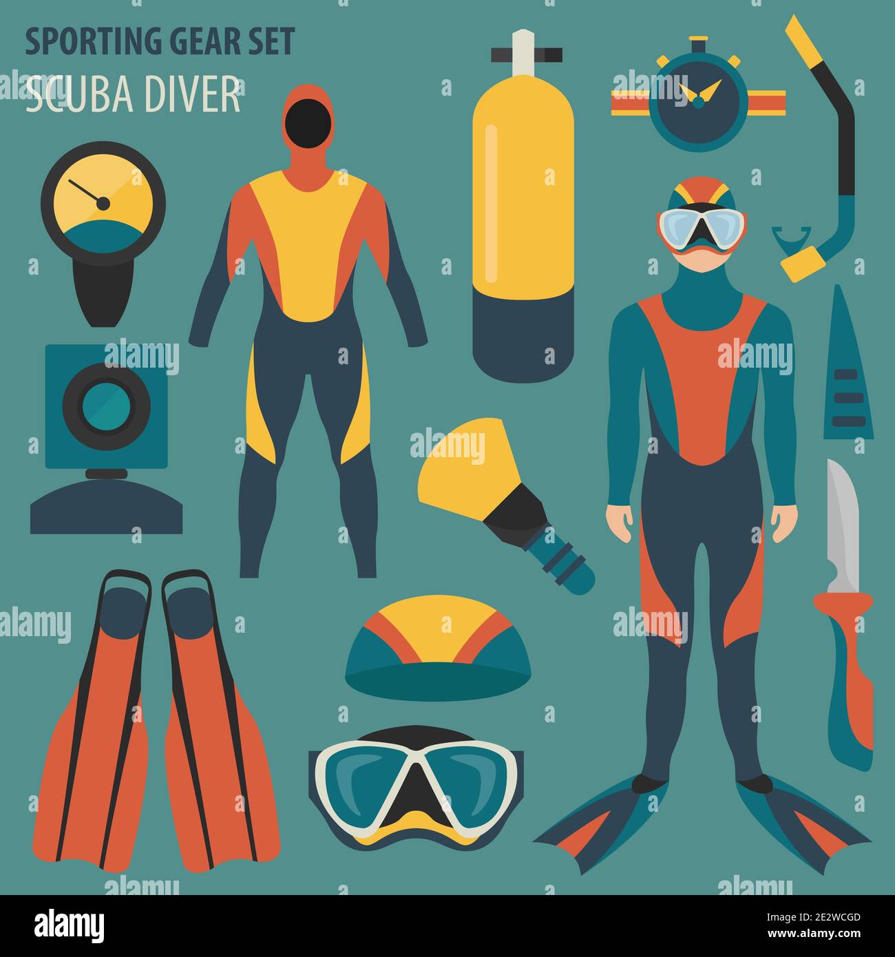 Sporting gear set. Diving equipment and scuba diver male flat design ...
