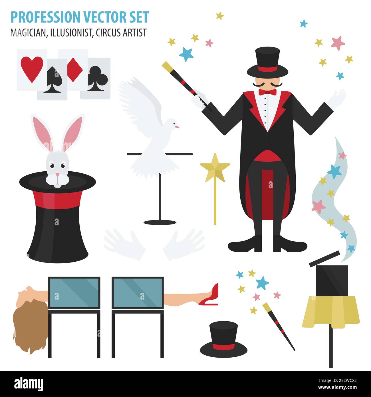 Profession and occupation set. Magician, illusionist, circus artist ...