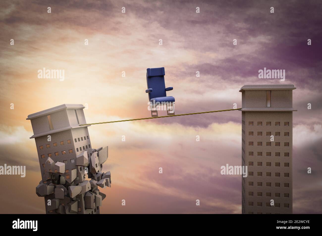 Plane chair on a rope with a skyscraper ready to fall demonstrating ...