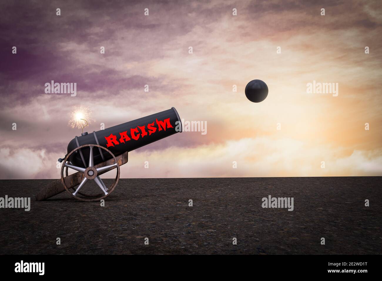 Cannon of racism throws a cannon ball demonstrating Racism danger and ...