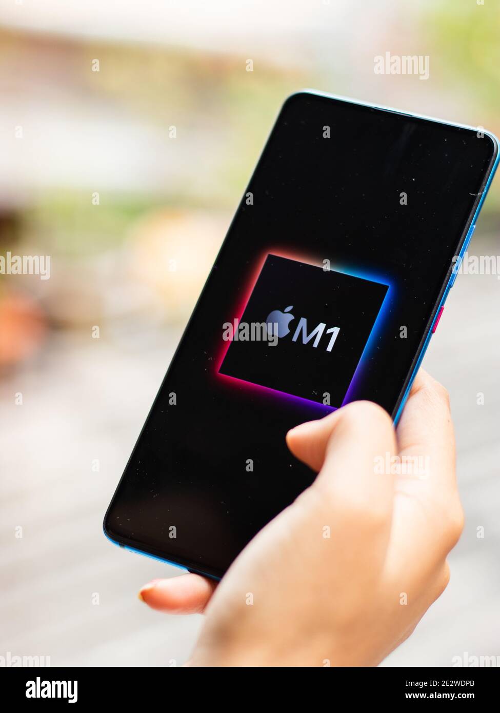 Assam, india - December 20, 2020 : Apple M1 logo on phone screen stock ...