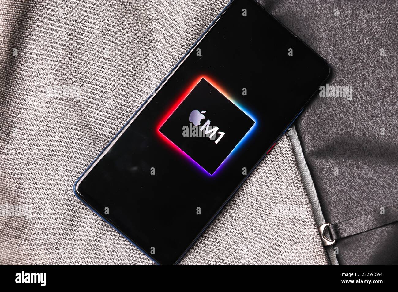 Assam, india - December 20, 2020 : Apple M1 logo on phone screen stock ...