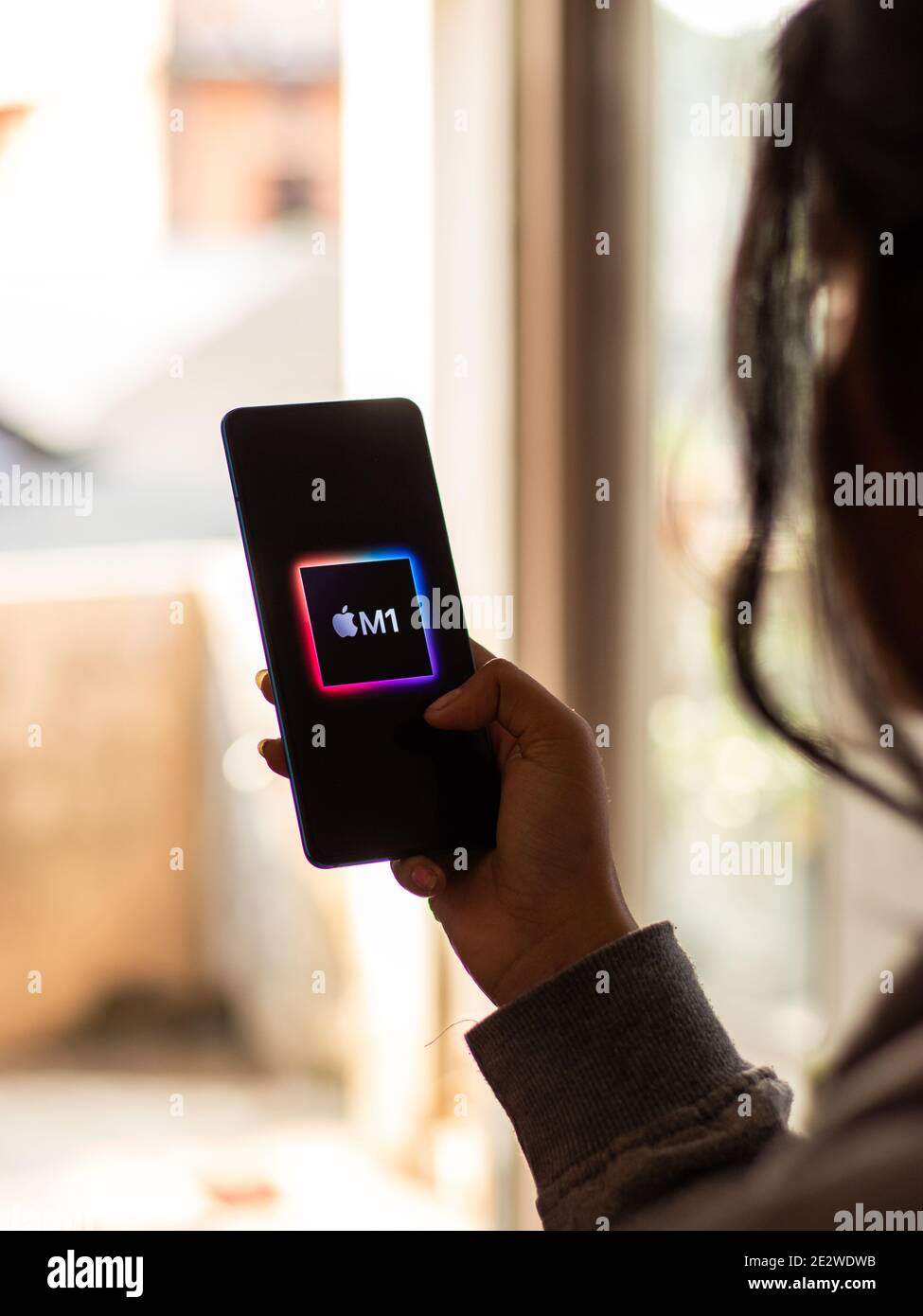 Assam, india - December 20, 2020 : Apple M1 logo on phone screen stock ...