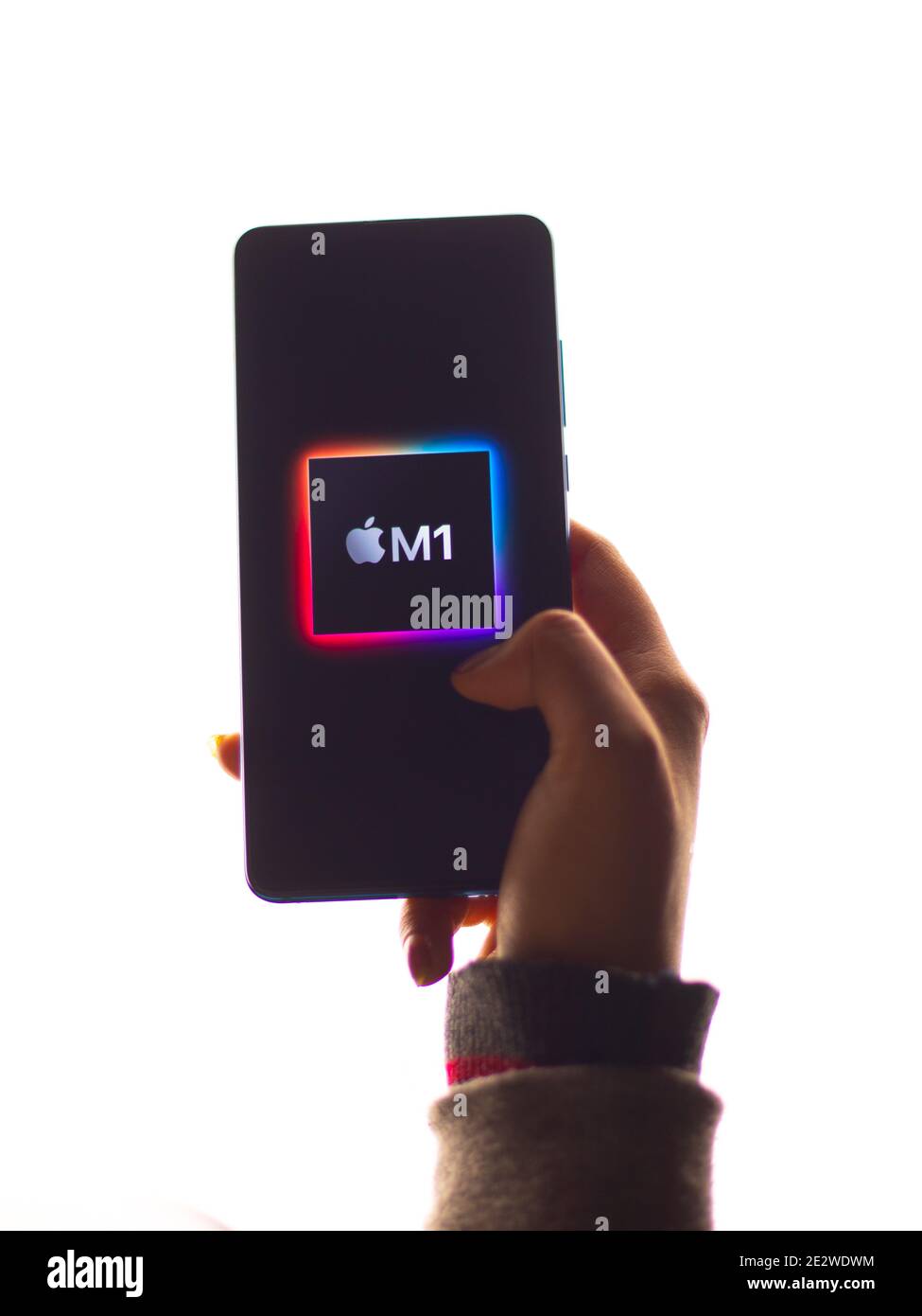 Assam, india - December 20, 2020 : Apple M1 logo on phone screen stock ...