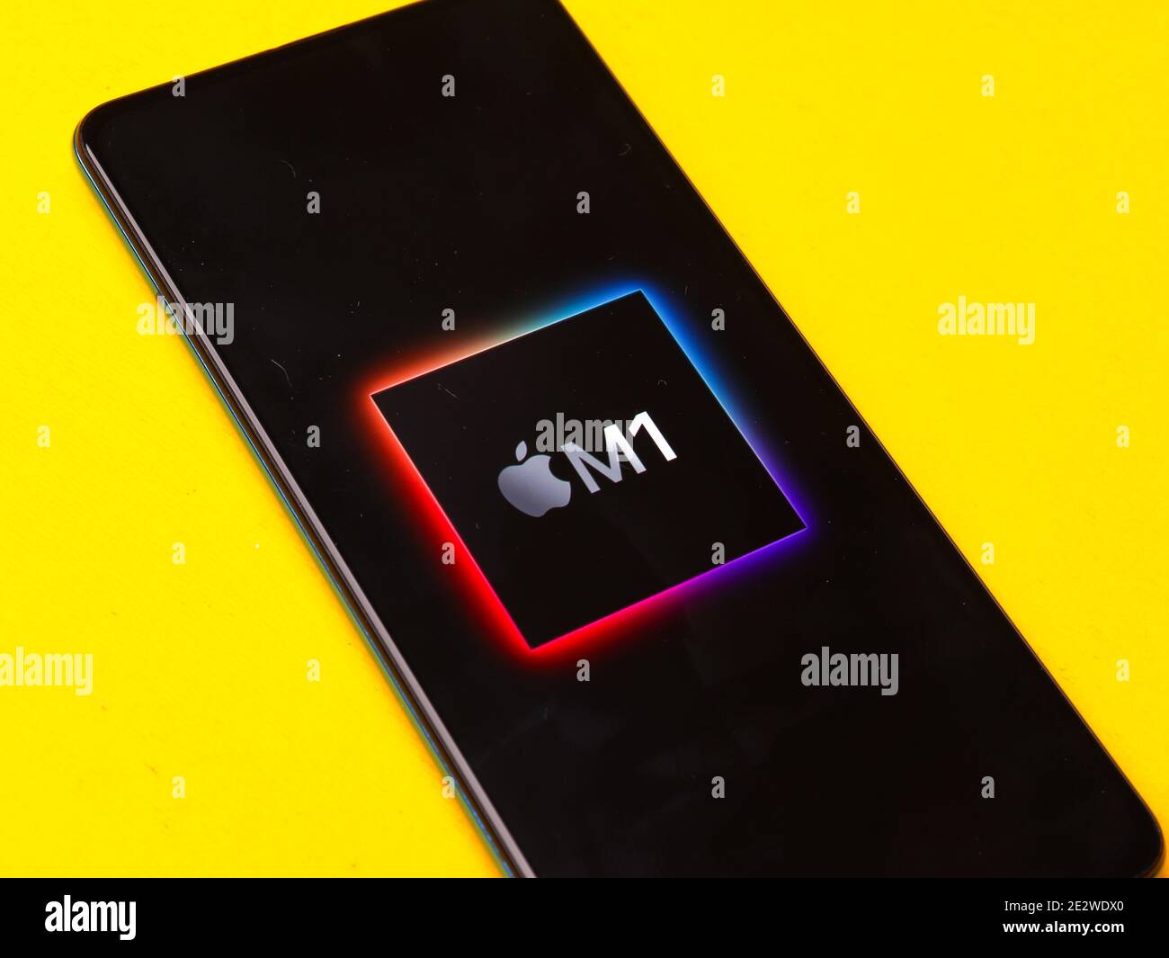 Assam, india - December 20, 2020 : Apple M1 logo on phone screen stock ...